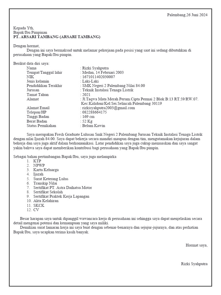 Lamaran Kerja Rizki Syahputra di ARSARI | PDF | Karier & Perkembangan
