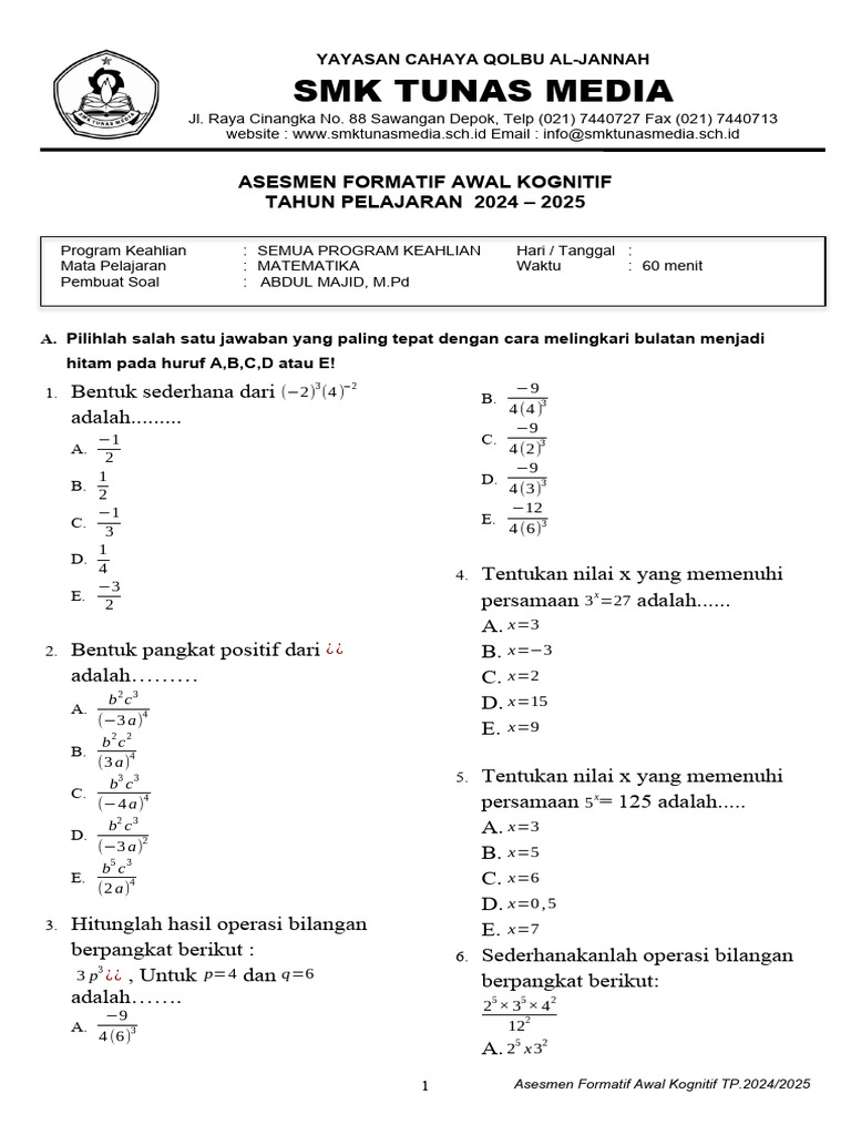 Format Asesmen Formatif Awal Kognitif MATEMATIKA | PDF