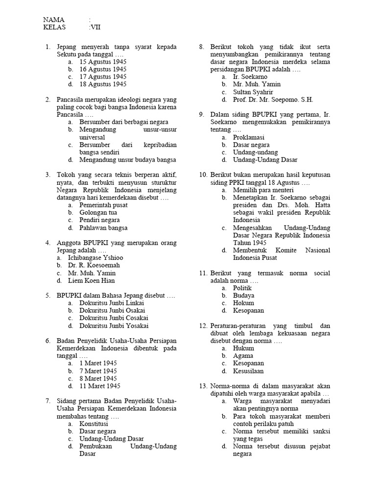 Mid PKN Kelas 7 Tahun 2020 | PDF