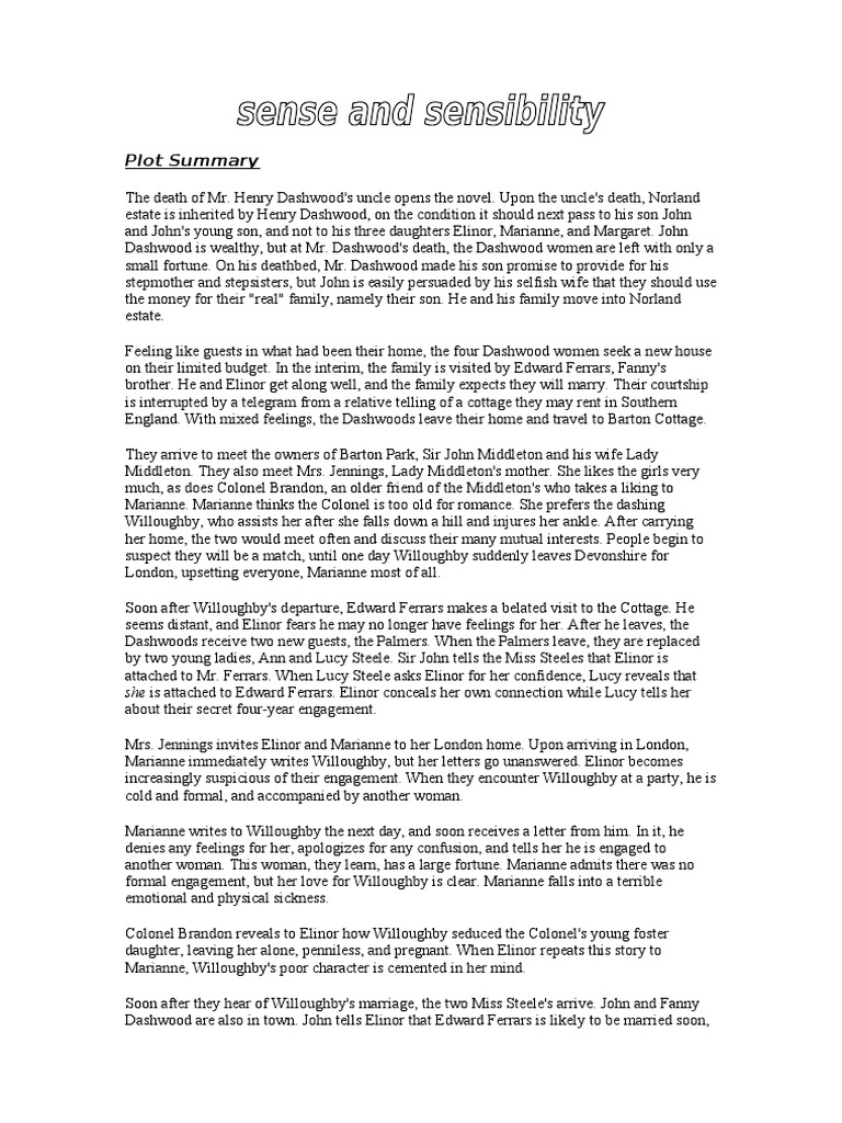 Sense and Sensibility Summary | PDF | Sense And Sensibility | Elinor ...