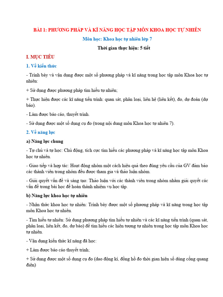 BÀI 1 PHƯƠNG PHÁP VÀ KĨ NĂNG HỌC TẬP MÔN KHTN | PDF