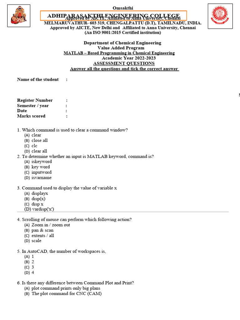 MATLAB Assessment MCQ | PDF | Software | Computer Science