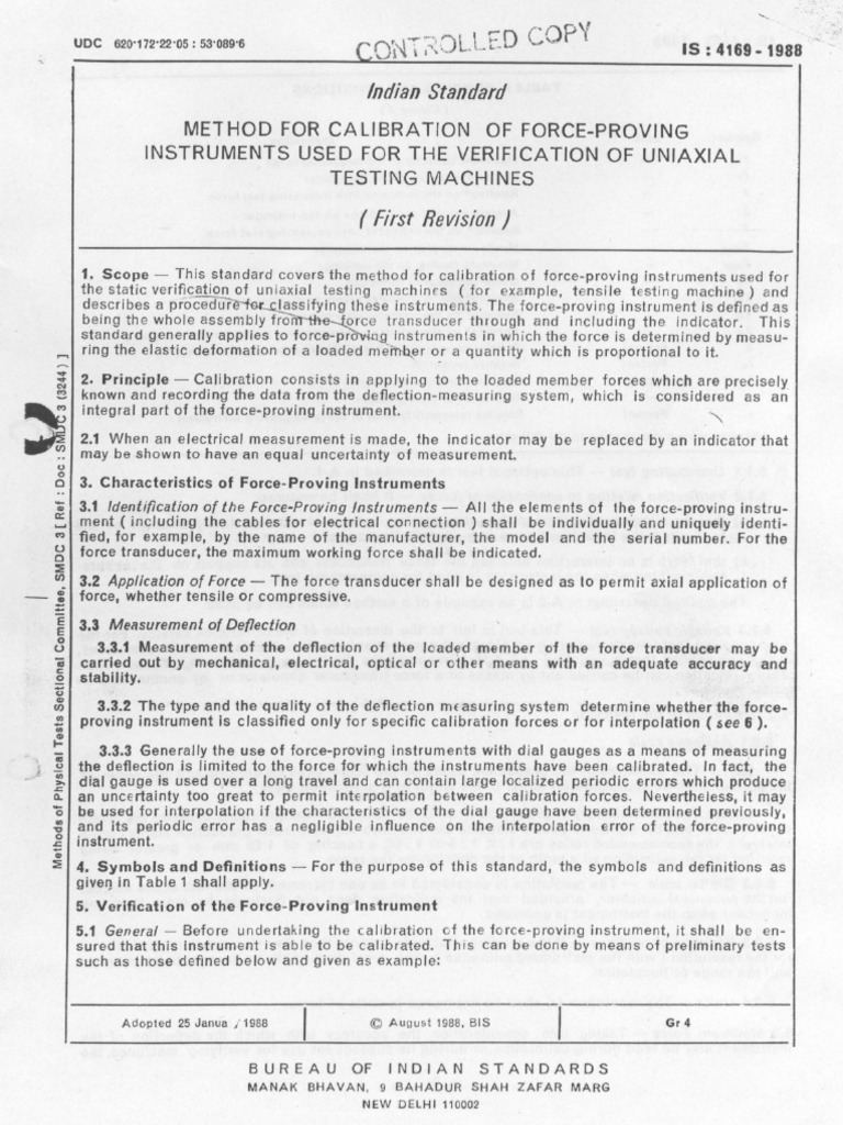 Is 4169-1988 Calibration of Force Proving Ring | PDF