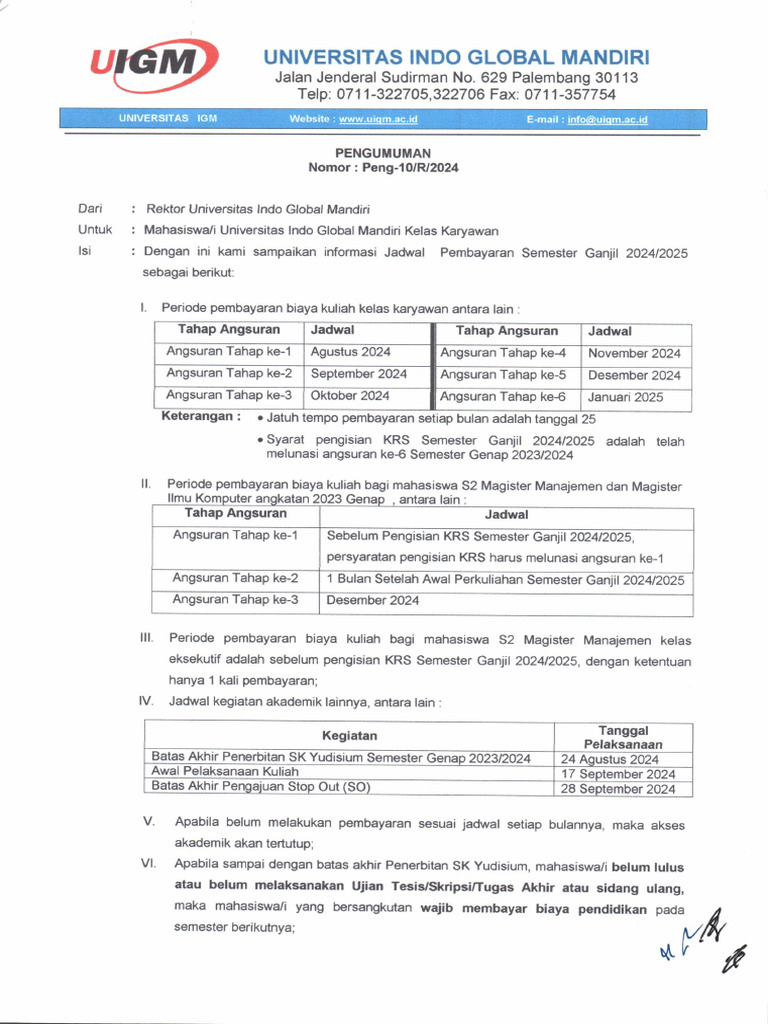 Peng-10 TTG Jadwal Pembayaran Sem Ganjil 24-25 | PDF