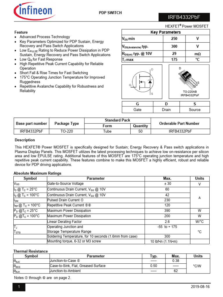 Infineon IRFB4332 DataSheet v01 04 EN-3362974 | PDF | Mosfet | Field Effect Transistor