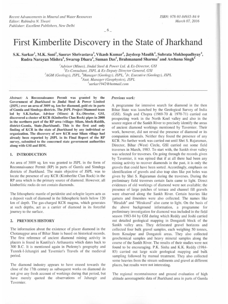 Silam Kimberlite discovery in Gumla, Jharkhand by JSPL | PDF