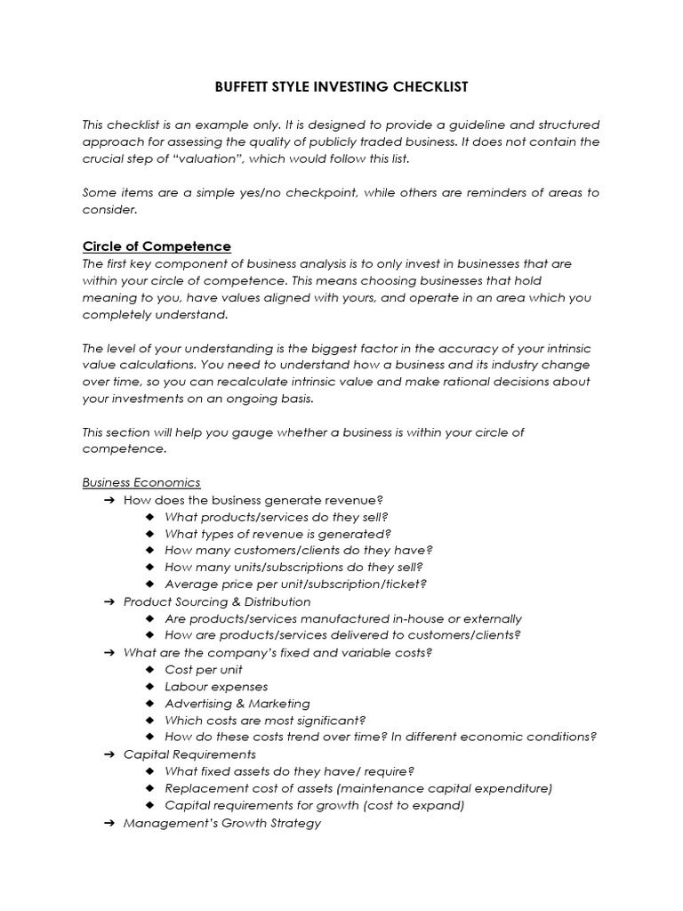Buffett-Style Investing Checklist | PDF | Investing | Valuation (Finance)