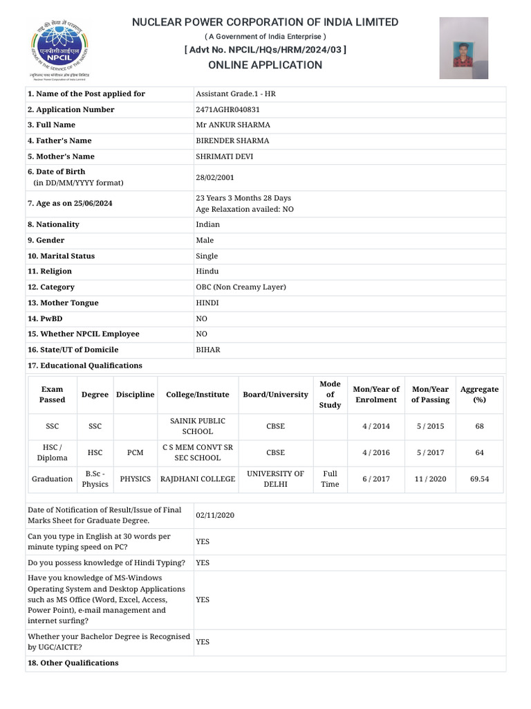 NPCIL Recruitment Portal - Print Application Form | PDF