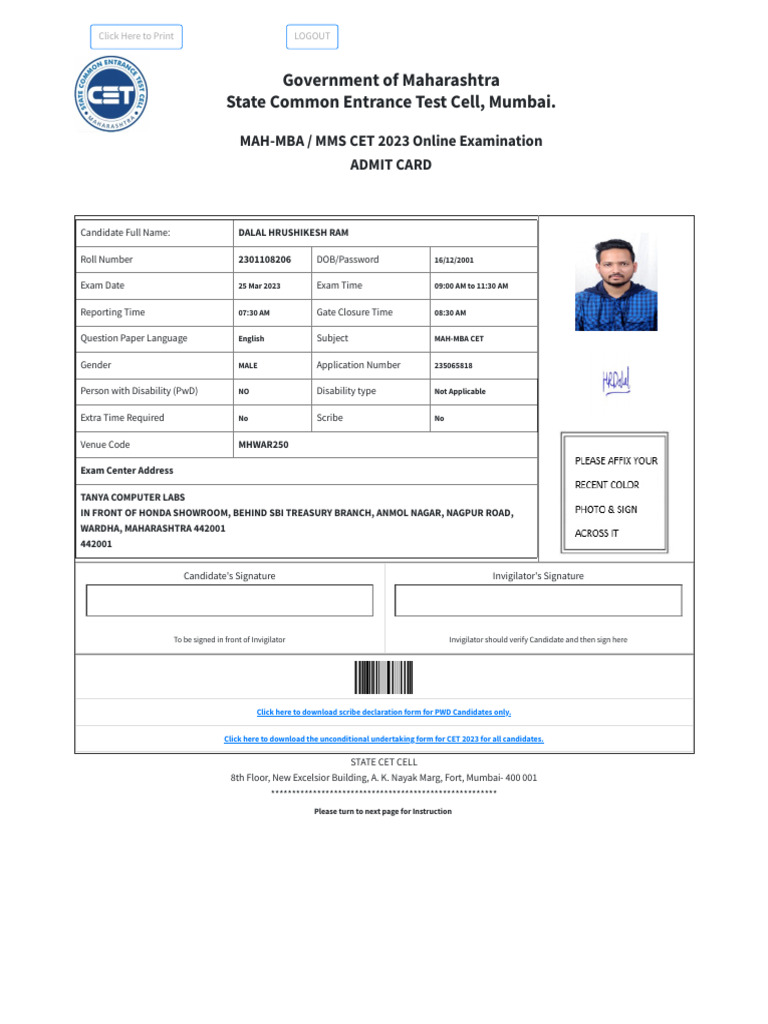 Rushi MH Cet Mba - 2023 Admit Card | PDF