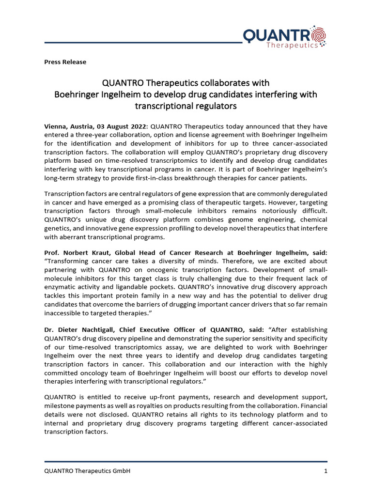 Quantro - Boehringer 08032022 | PDF | Drug Discovery | Cancer