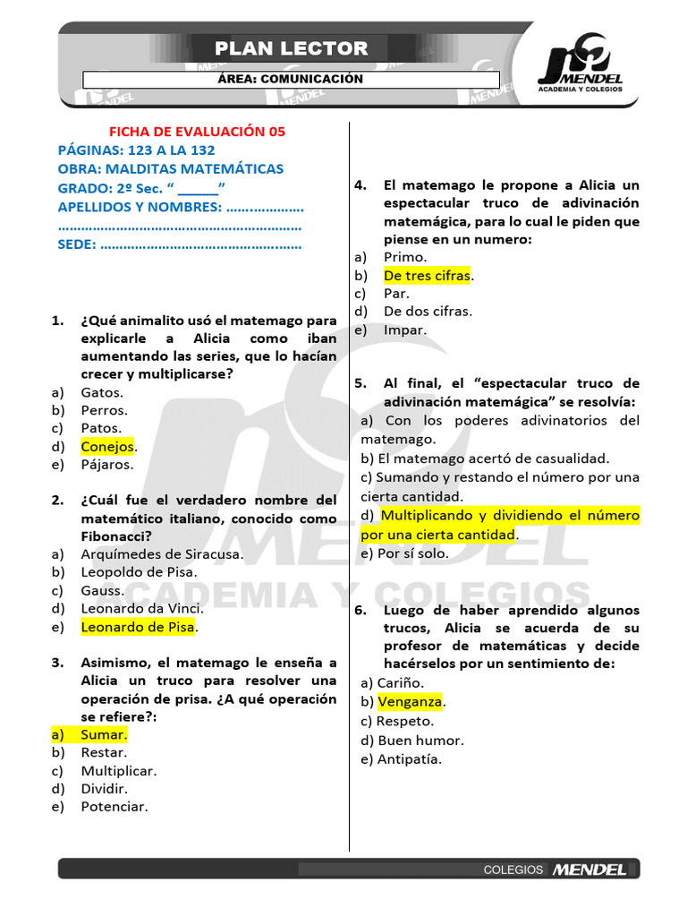 2° FICHA DE PLAN LECTOR 5 Malditas Matemáticas SOLUCION | PDF