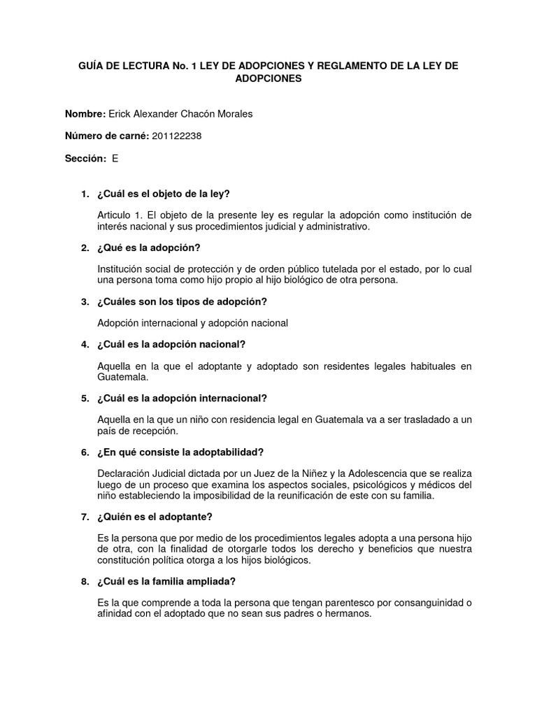 GUÍA DE LECTURA No. 1 LEY DE ADOPCIONES y REGLAMENTO DE LA LEY DE ...