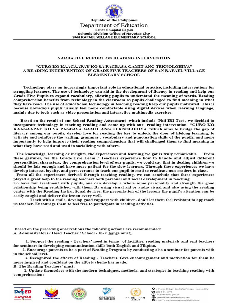 Narrative Report in Reading Intervention Grade 5 | PDF | Reading ...