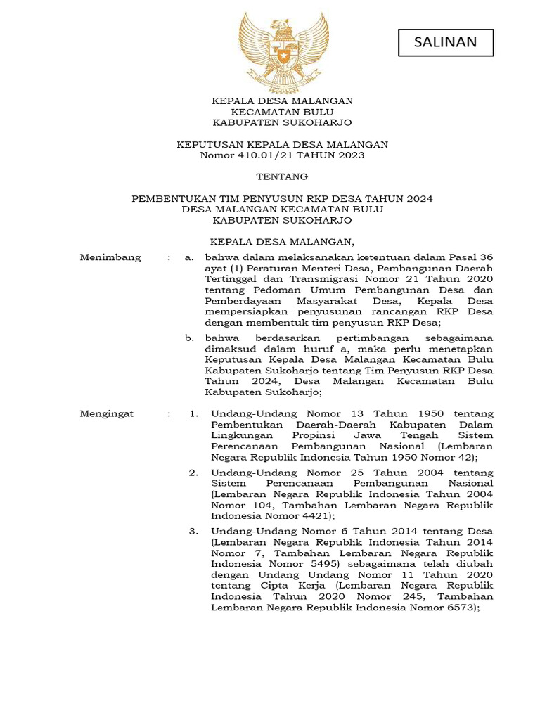 Pembentukan Tim Penyusun RKP Desa Tahun 2024 Desa Malangan 2023 Lqj9go46h | PDF