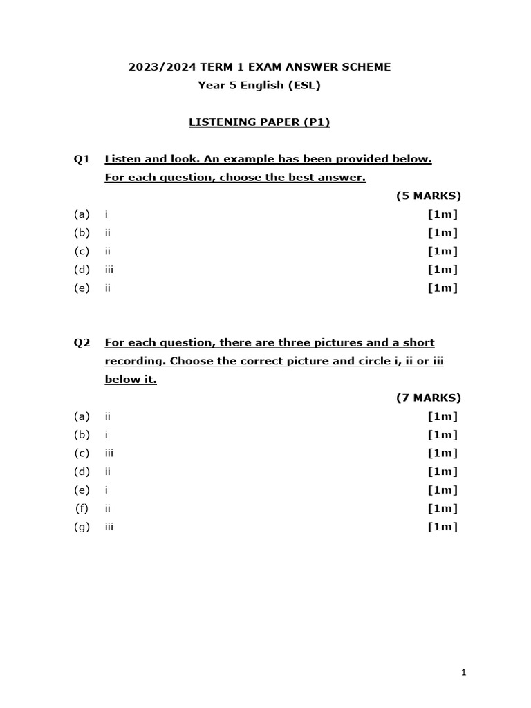 2324 T1 Y5 Esl Answer Scheme | PDF | Grammar | Linguistics