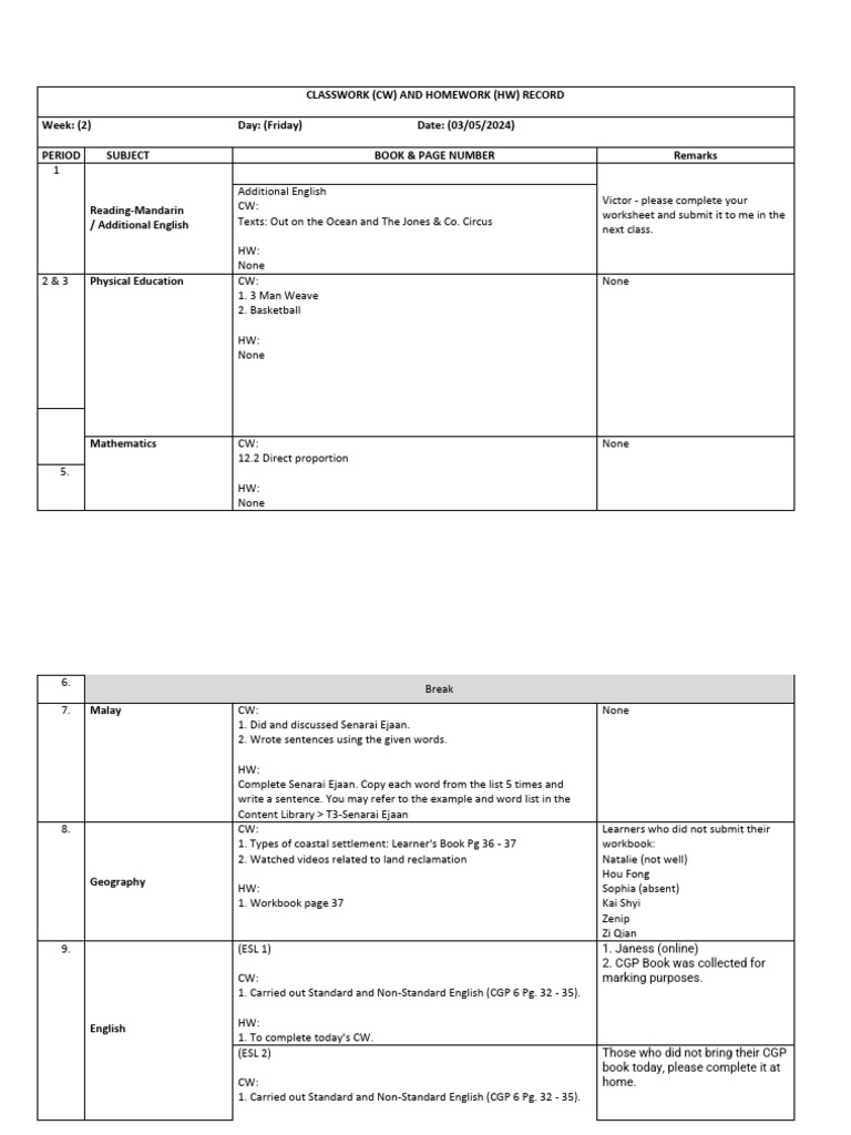 Year 6R - HW Diary - Friday 03-05-24 | PDF