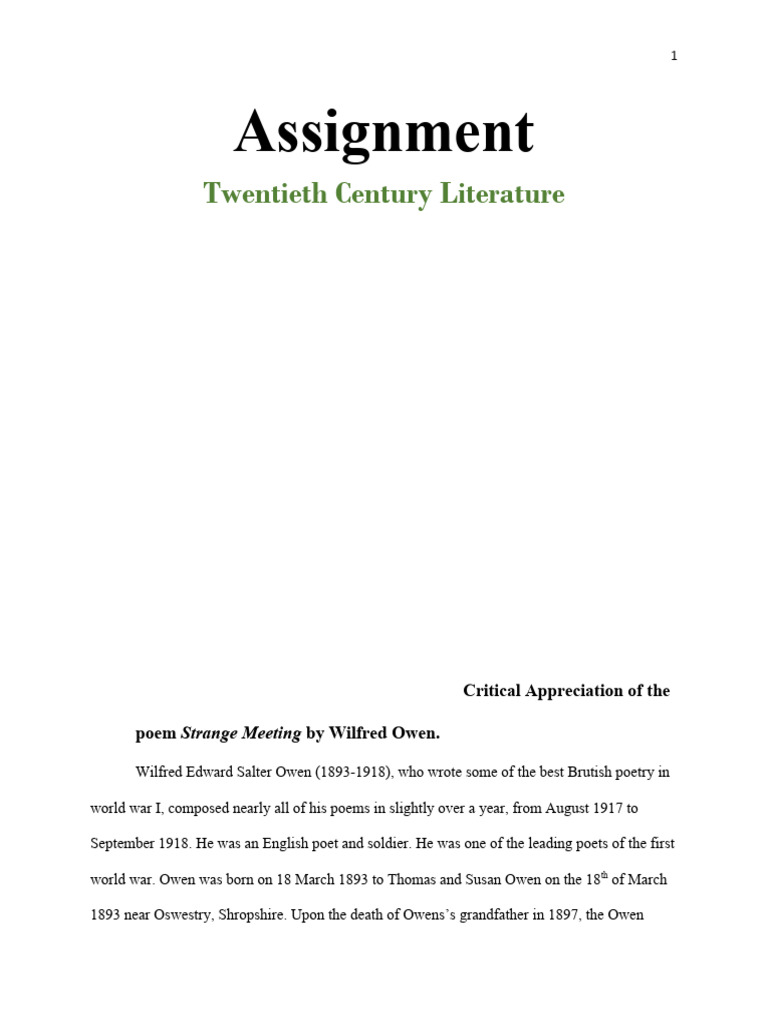 Assignment-Critical Appreciation Poem Strange Meeting | PDF | Poetry