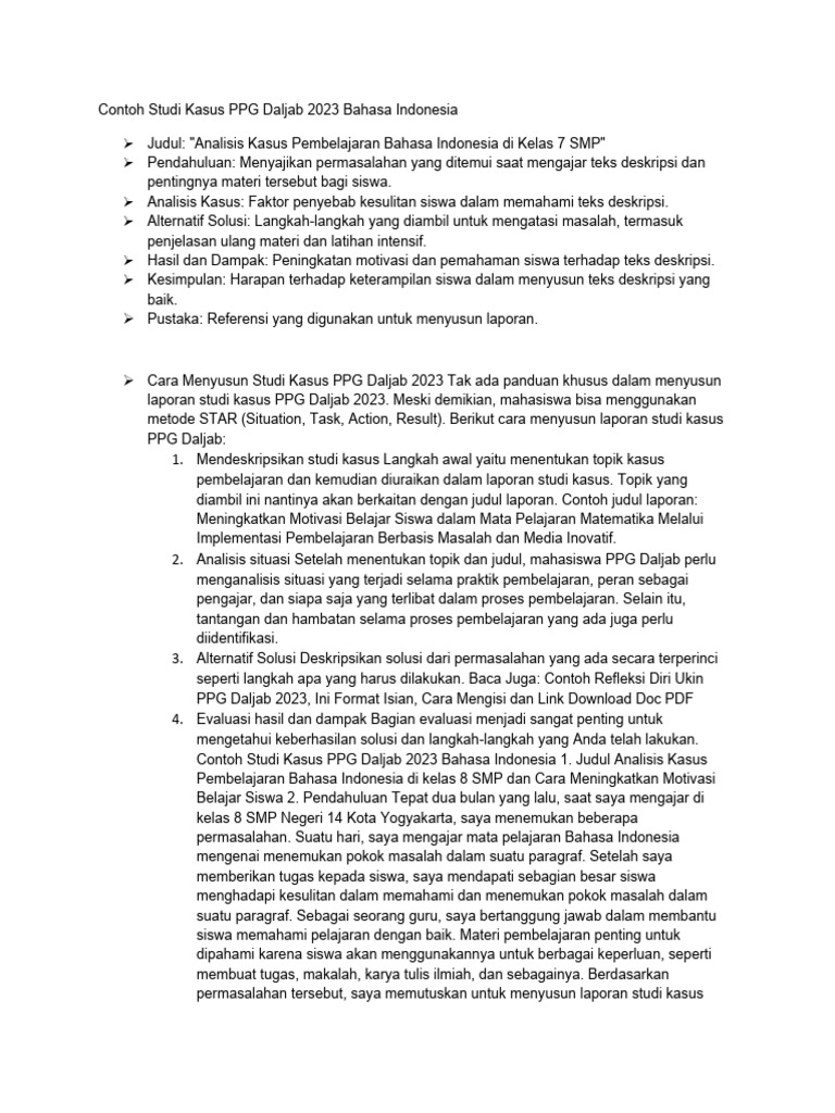 Contoh Studi Kasus PPG Daljab 2023 Bahasa Indonesia | PDF