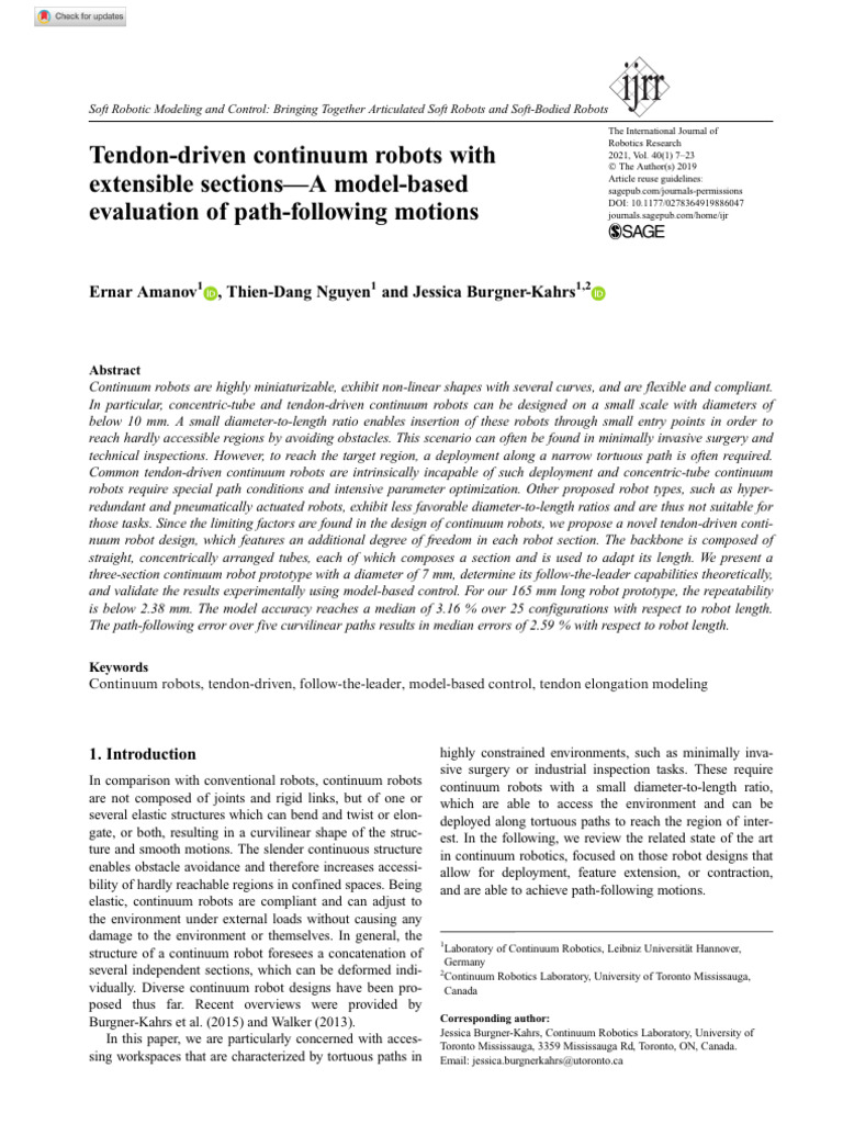Amanov Et Al 2019 Tendon Driven Continuum Robots With Extensible Sections A Model Based ...