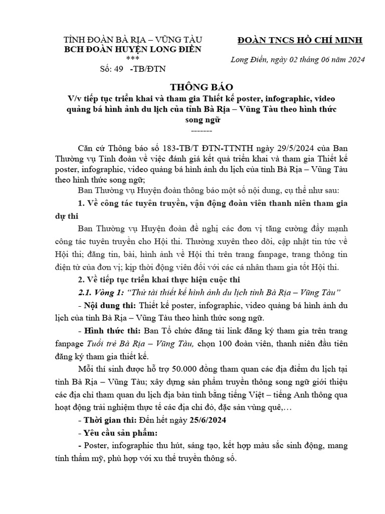 TB 49 Ve Viec Tiep Tuc Trien Khai Thiet Ke Poster Inforgraphic Quang Ba Du Lich Tinh 2024 | PDF