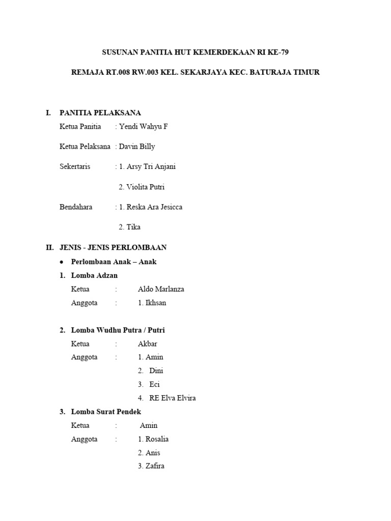 Susunan Panitia Hut Ri 79 | PDF