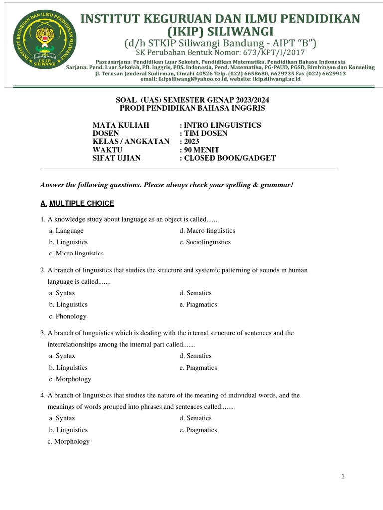 Uas 2024 - Intro To Linguistics | PDF | Linguistics | Morphology ...