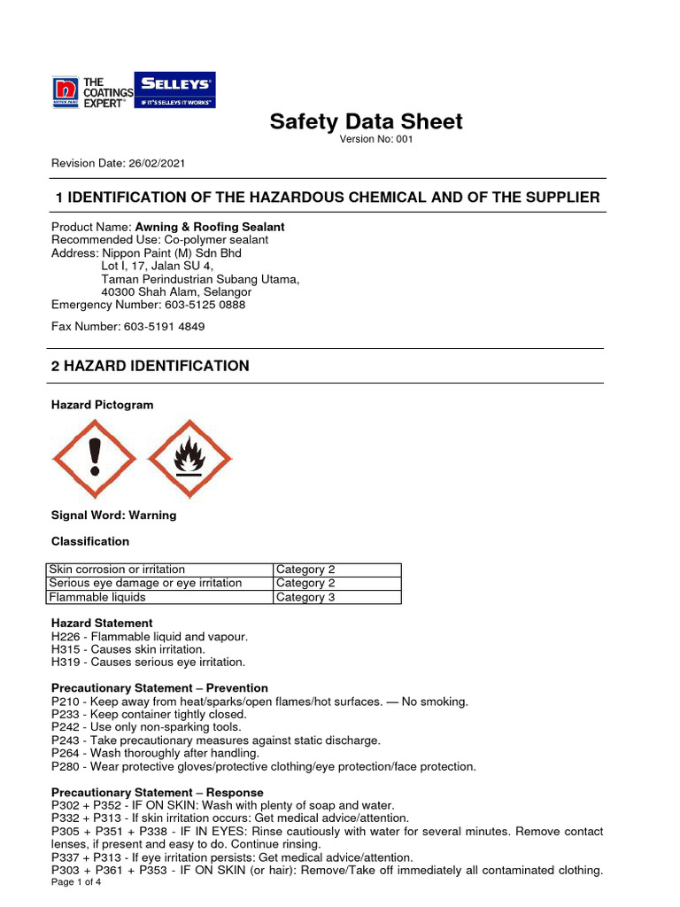 Awning & Roofing Sealant EN SDS | PDF | Dangerous Goods | Safety
