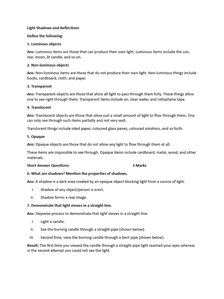 Light Shadows and Reflections | PDF | Shadow | Mirror