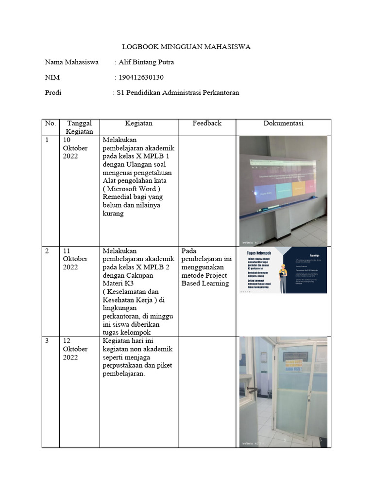 Logbook Mingguan Mahasiswa 10 14 Oktober Pdf