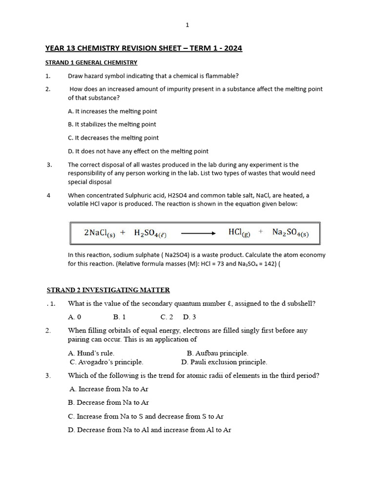 Y 13 Chemistry Revision Sheet T1 Download Free Pdf Redox Ionization
