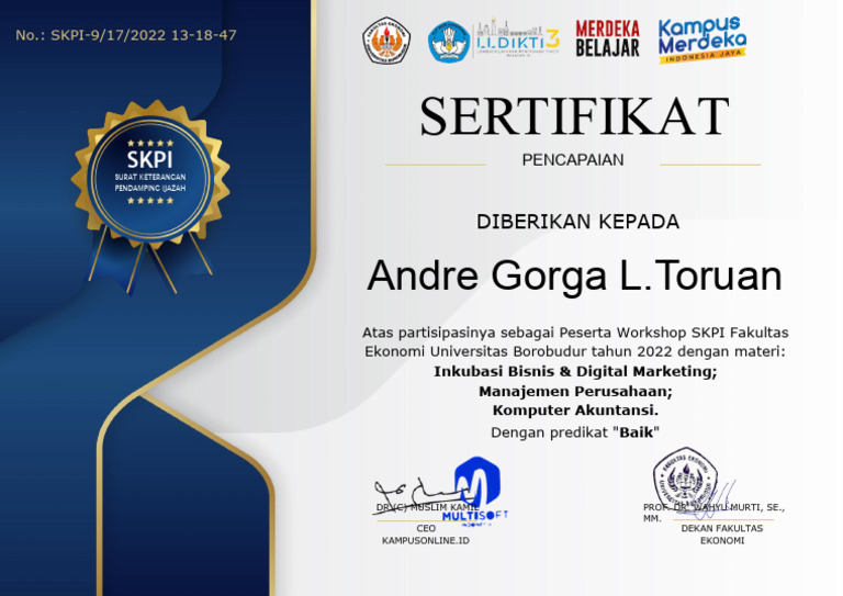 Sertifikat SKPI 2022 Andre | PDF | Bisnis