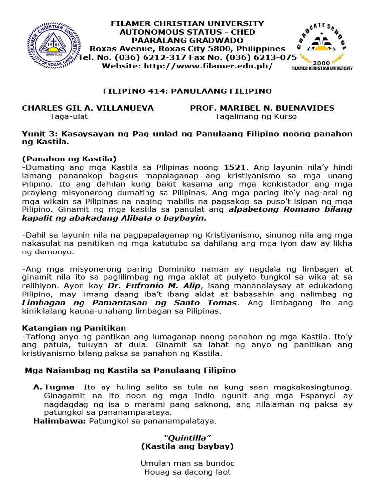 Final Yunit 3. Panulaang Filipino. Panahon NG Kastila | PDF