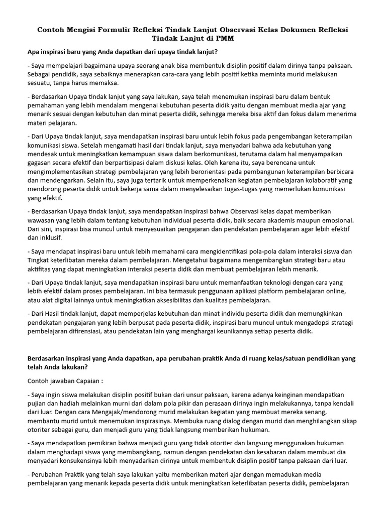 Contoh Mengisi Formulir Refleksi Tindak Lanjut Observasi Kelas Dokumen ... Contoh Mengisi Formulir Refleksi Tindak Lanjut Observasi Kelas Dokumen ...