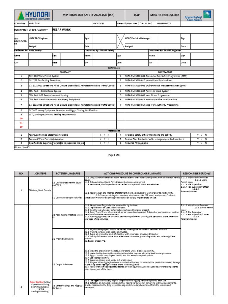 EPC JSA For Rebar Work - XLSX MMC Rev | PDF | Crane (Machine) | Personal Protective Equipment
