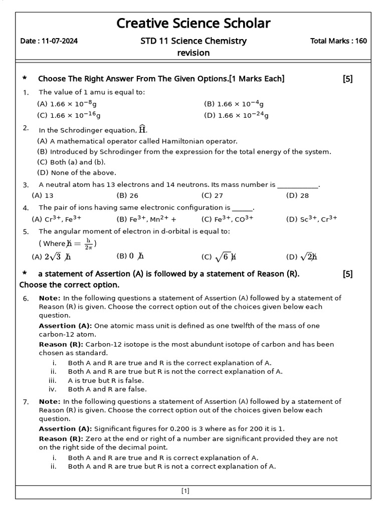 Chemistry Worksheet | PDF | Mole (Unit) | Atomic Orbital