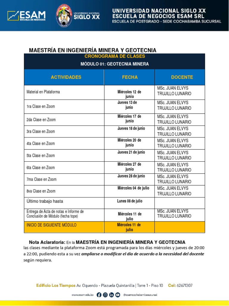 Cronograma M. 01 - Geotecnia Minera - Mimg | PDF