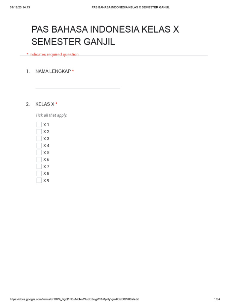 PAS BAHASA INDONESIA KELAS X SEMESTER GANJIL - Google Forms | PDF