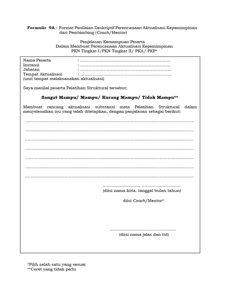 Format Penilaian Deskriptif Perencanaan Aktualisasi Kepemimpinan (Coach ...