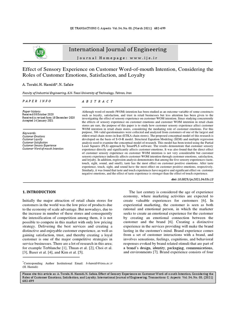 (2021) Torabi Et Al., Effect of Sensory Experience On Customer Word-Of ... (2021) Torabi Et Al., Effect of Sensory Experience On Customer Word-Of ...