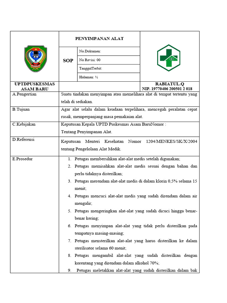 SOP Penyimpanan Alat Medis | PDF