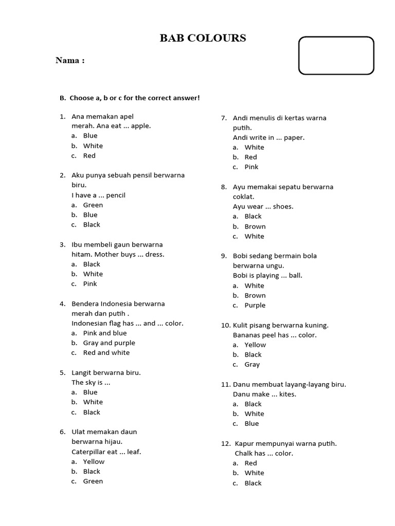 Kls 2 Soal Bahasa Inggris Bab Colors Warna-Warna | PDF
