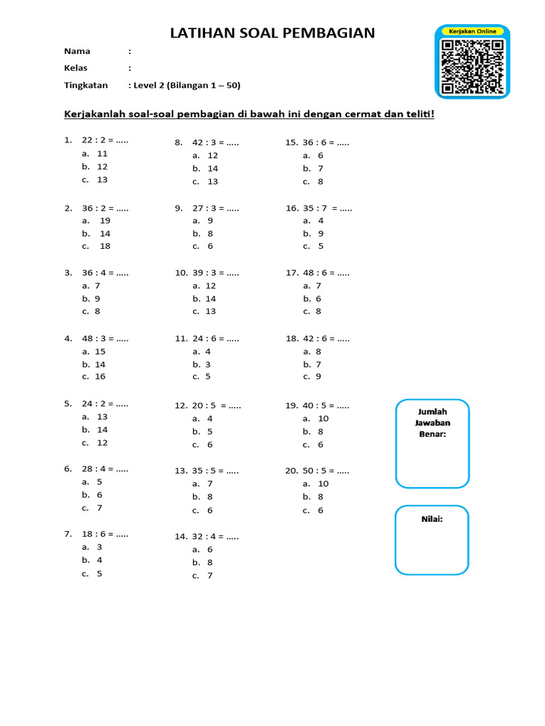KLS 2 Soal Pembagian Level 2 - Bilangan 1 - 50 | PDF