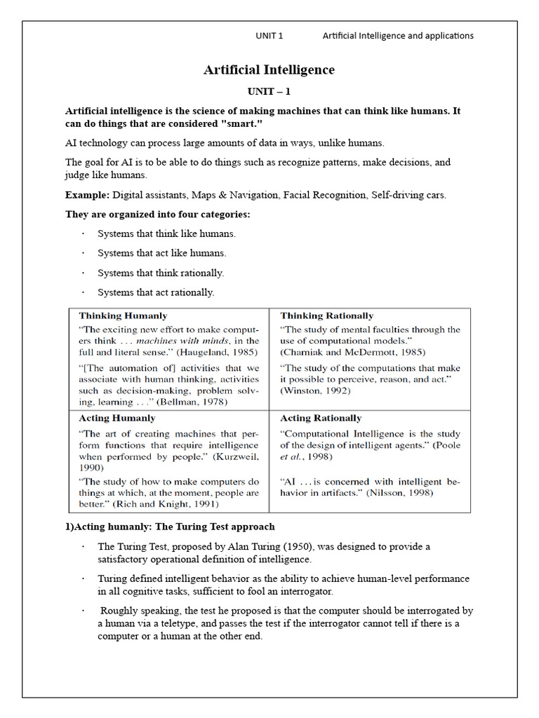 AI Unit 1 | PDF | Thought | Intelligence (AI) & Semantics