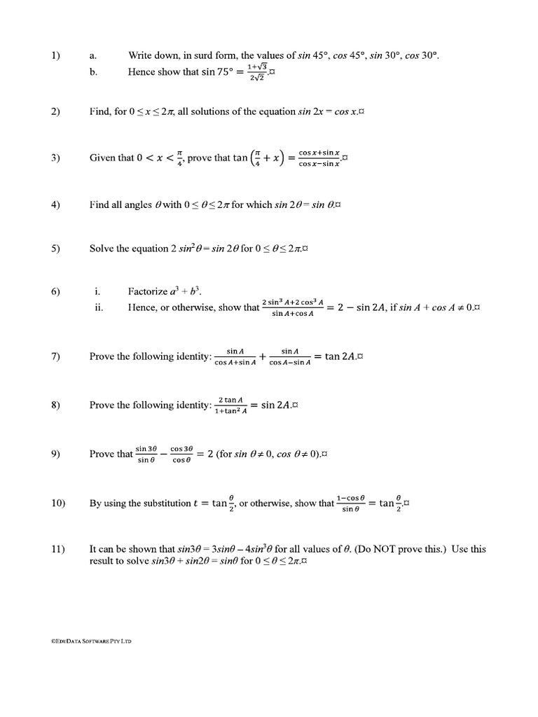 2023 Y11 Mathematics Extension Task 2 Question Bank | PDF