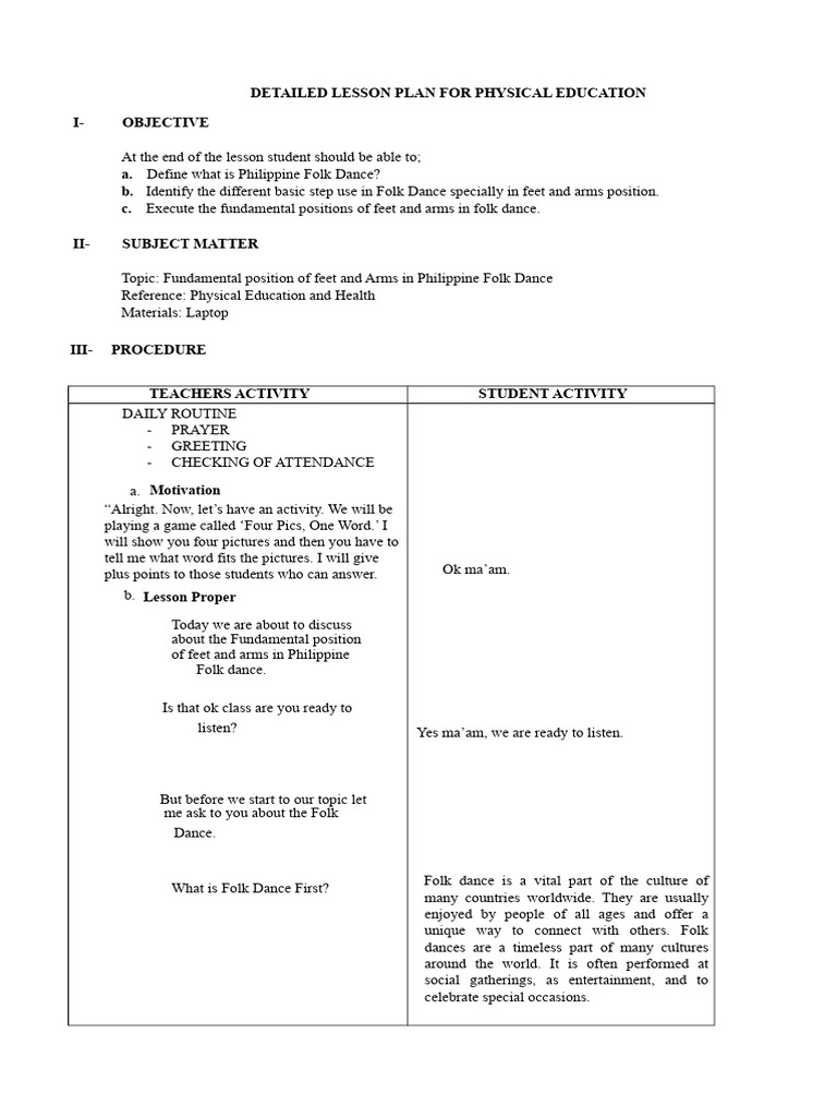 Detailed Lesson Plan For RANKING | PDF | Dances | Foot