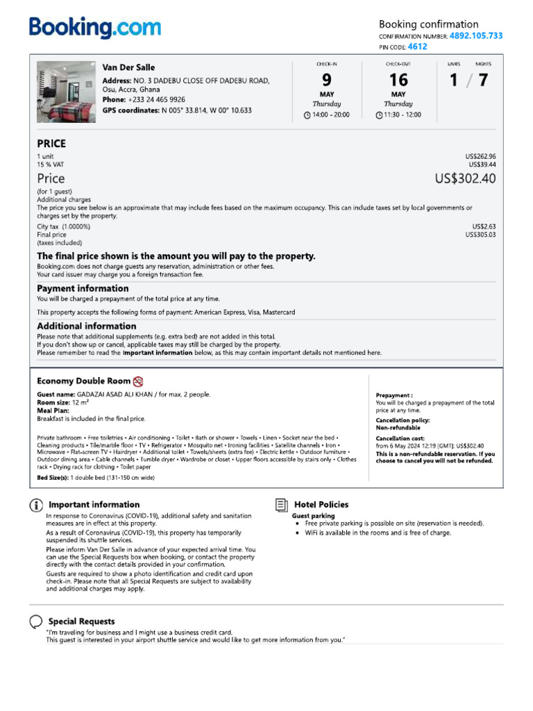 Hotel Booking Ghana-Check in 9.5.24 Checkout 16.5.24 | PDF