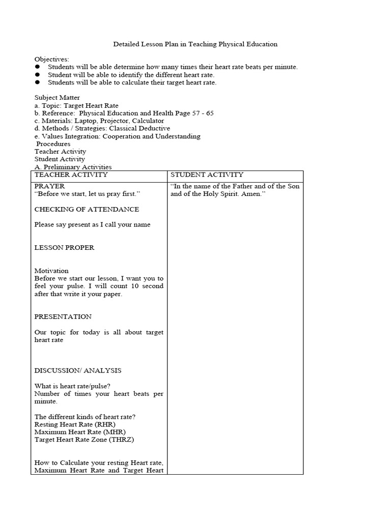 Detailed Lesson Plan Physical Education | PDF | Heart Rate | Physical ...
