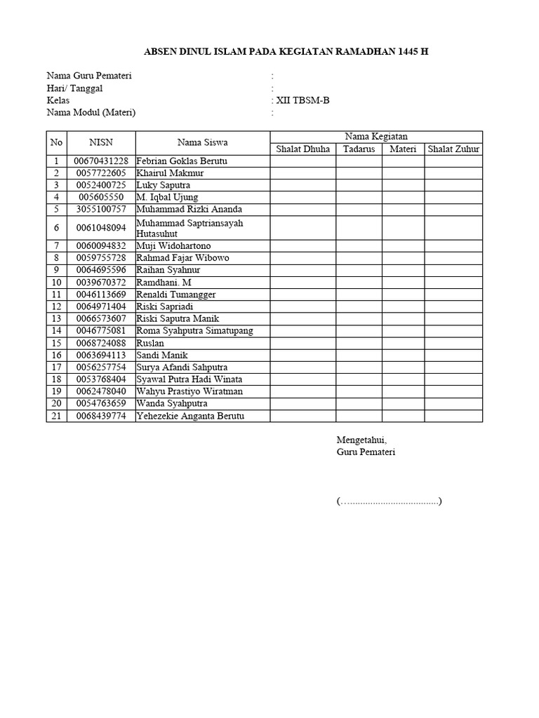 Absen Kegiatan Ramadhan 1445 H | PDF