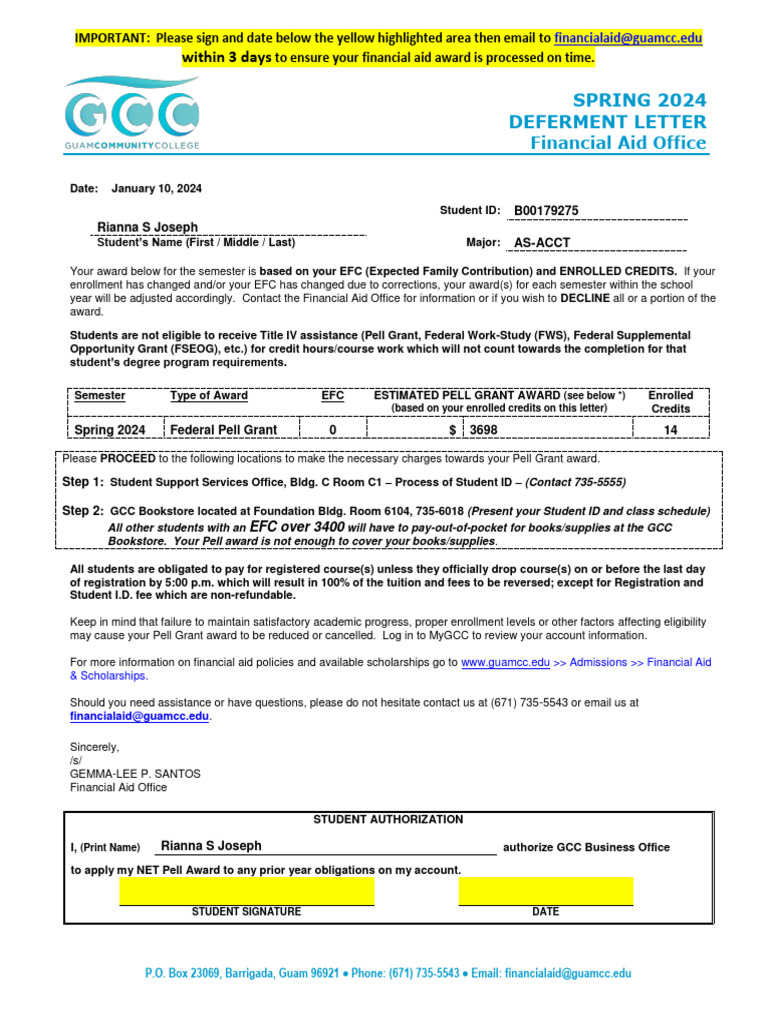 Sp24 Deferment Letter - Rianna S Joseph | PDF | Student Financial Aid ...