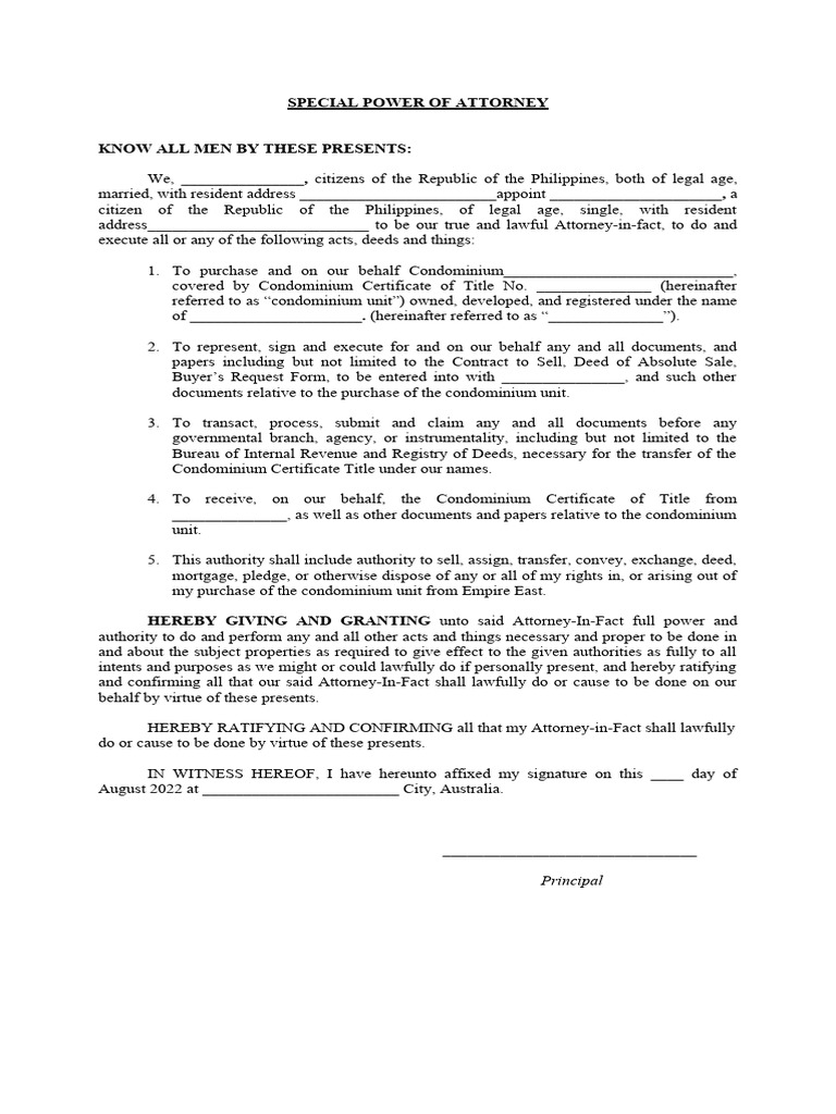 Special Power of Attorney for Condo Purchase | PDF | Power Of Attorney ...